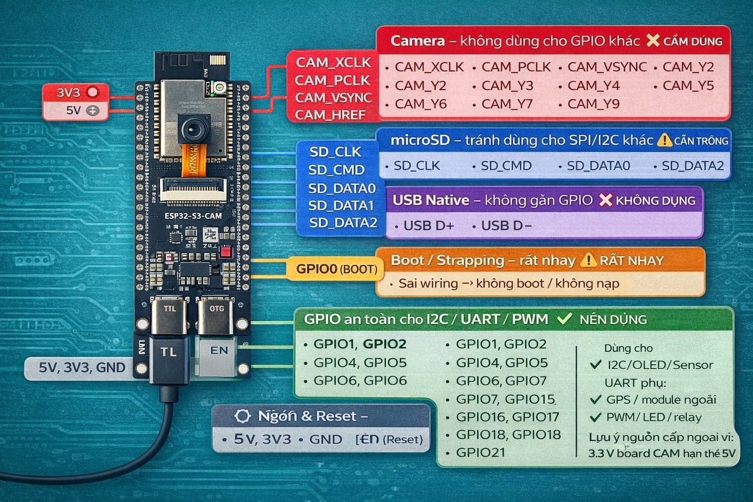 ESP32-S3-DevKitC N16R8 CAM: Bài 05 - Đọc pinout theo nhóm chức năng (an toàn vs xung đột) - IoTLabs